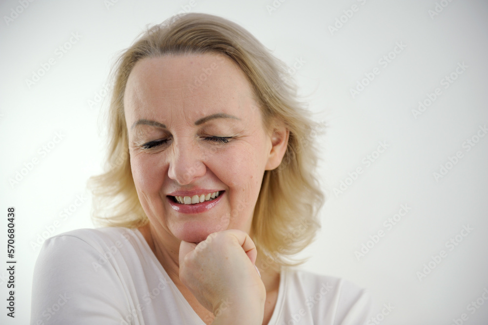 beautiful woman of shyness waiting on white background raised one ...