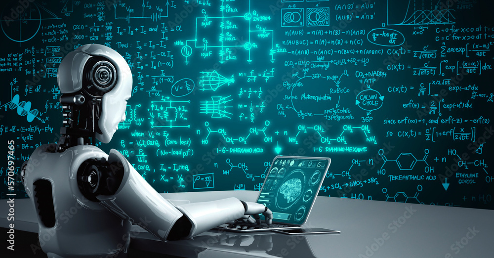Robot hominoid use laptop and sit at table for engineering science studying using AI thinking ...