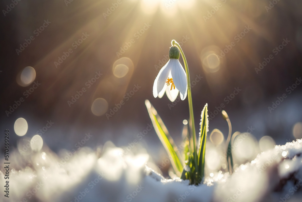 Spring's Renewal A blooming snowdrop and a green sprout are symbols of ...