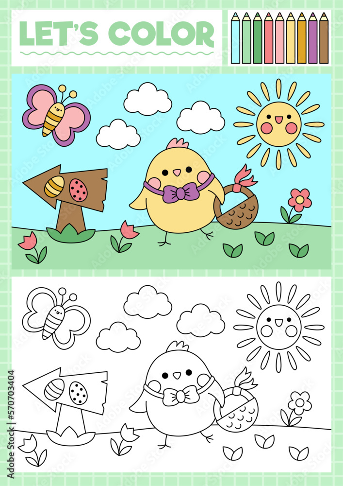 Easter coloring page for children with cute kawaii chick going on egg ...