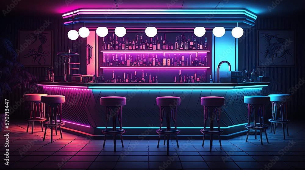 Night club Bar counter. Dance club's neon-lit interior. Modern style ...