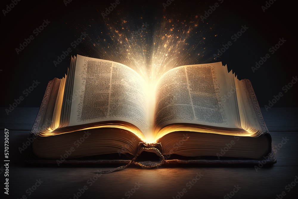 Open Holy Bible with light emitting from it, glowing lights in church, easter, generative ai ...