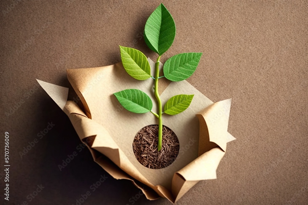 Sprout of small tree with green leaves growing from paper, concept of ...