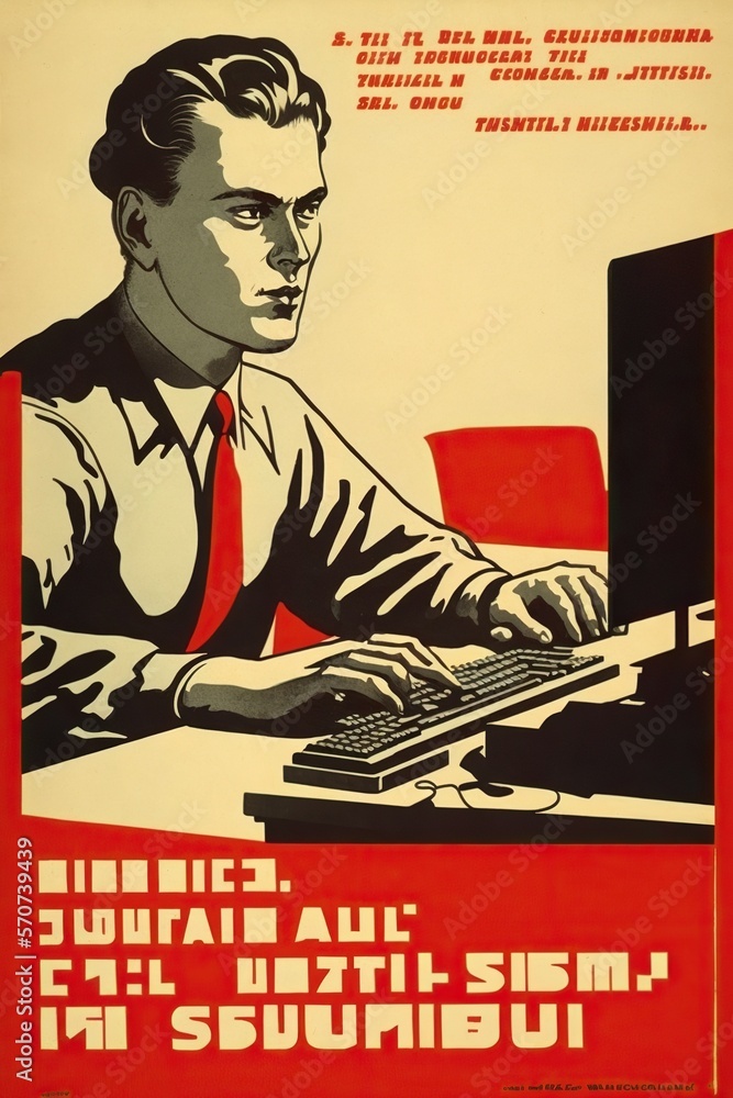 Soviet propaganda poster with an office worker at computer, concept of ...