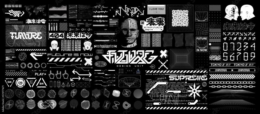 Tech, Sci-fi, HUD retrofuturistic elements set. 3D elements, shapes ...