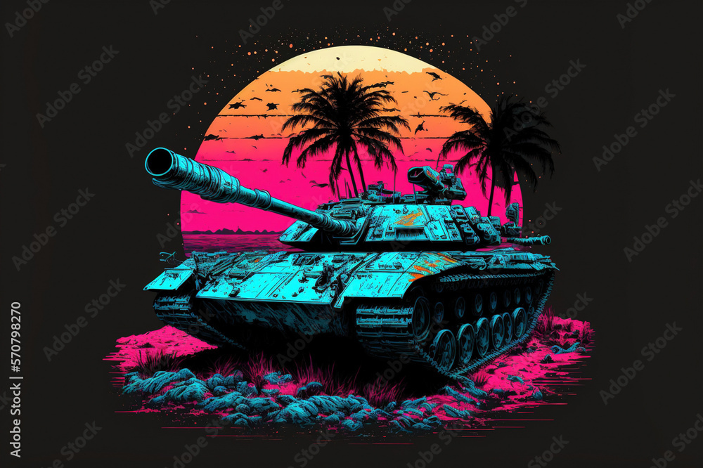Military armor tank illustrated in retro neon light and vaporwave ...
