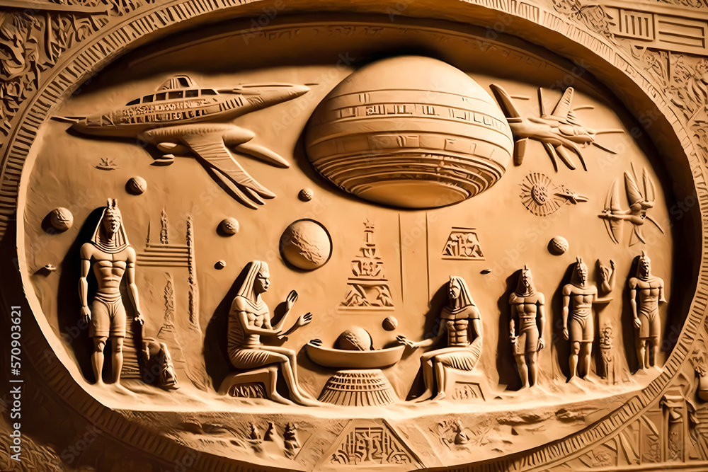 Egyptian hieroglyphs, Egypts people worship aliens UFO flying saucers. Generation AI Stock ...