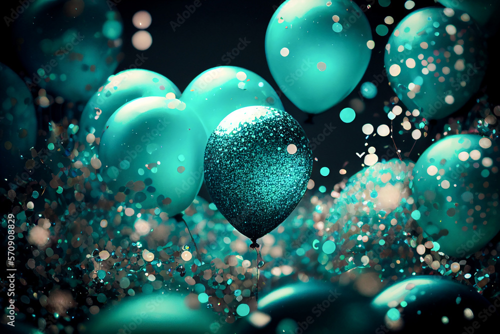 Anniversary background with turquoise balloons, confetti, sparkles ...