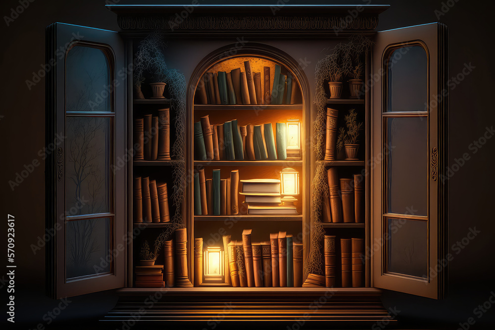 Old library with a lot of bookshelves, cabinet with many books digital illustration, magical ...