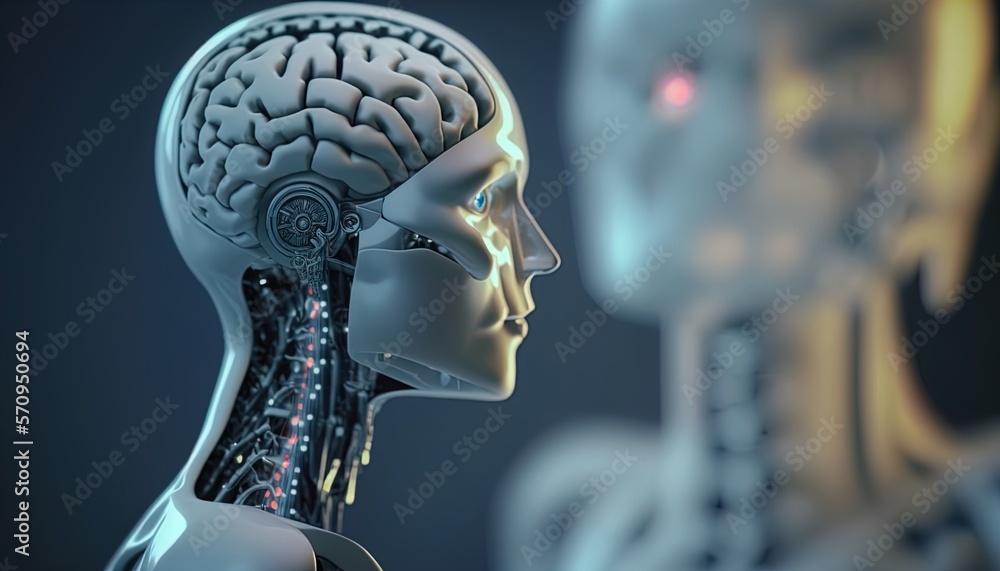 Robot controls a human brain hologram. Digitalization, business ...