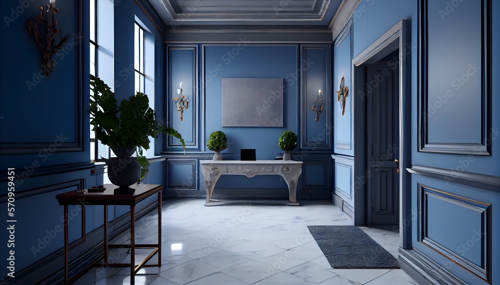 Modern living room, small and luxury office lobby with periwinkle blue ...
