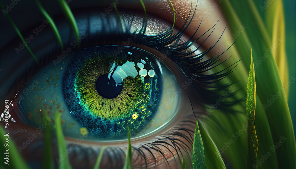 The watchful eye of the natural world, green eyes, surrounded by leaves ...