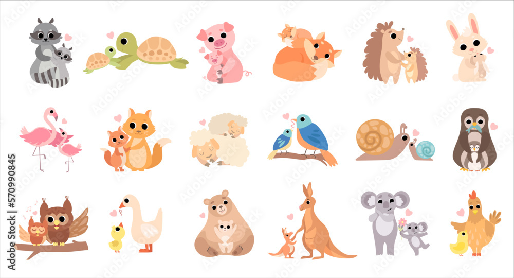 Cute mom and baby animal couples set. Raccoon, snail, owl, kangaroo ...
