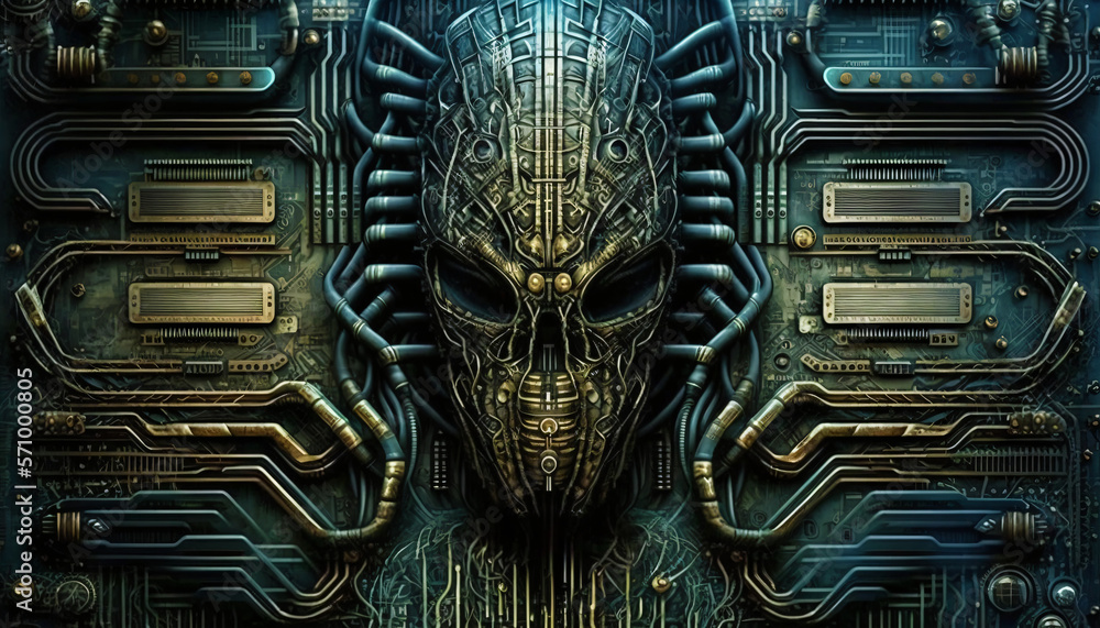 artificial intelligence, electronic circuit board with alien skull ...