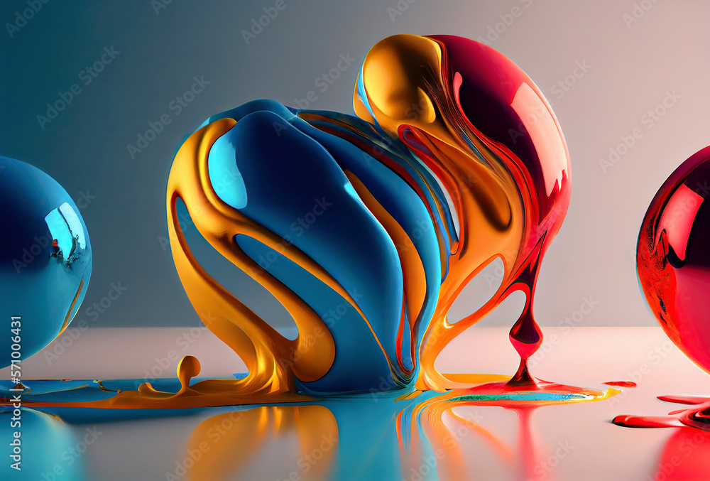 Surreal abstract art of gloss red, blue, and gold paint flows and ...