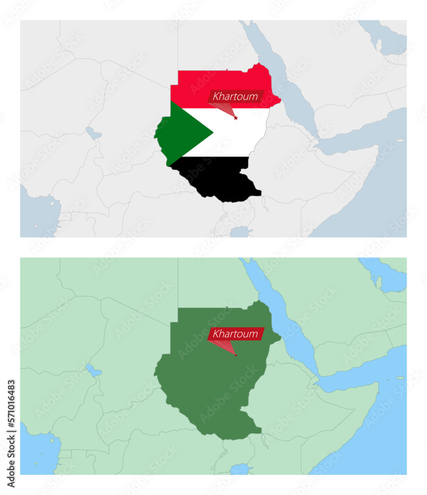 Stock-Vektorgrafik „Sudan map with pin of country capital. Two types of ...