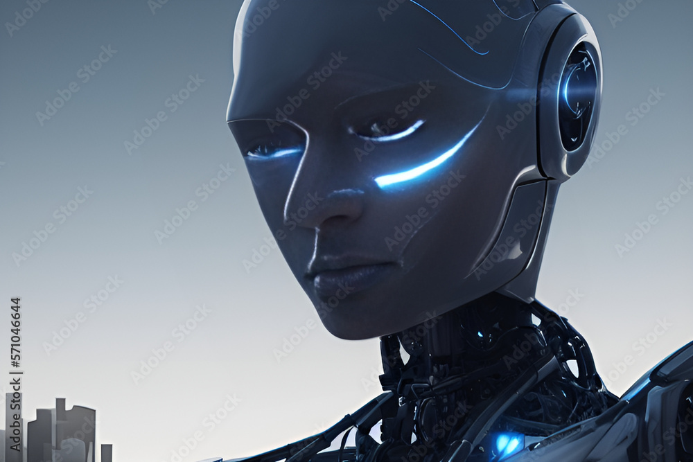 robot face with artificial intelligence, android close-up, cyborg ...