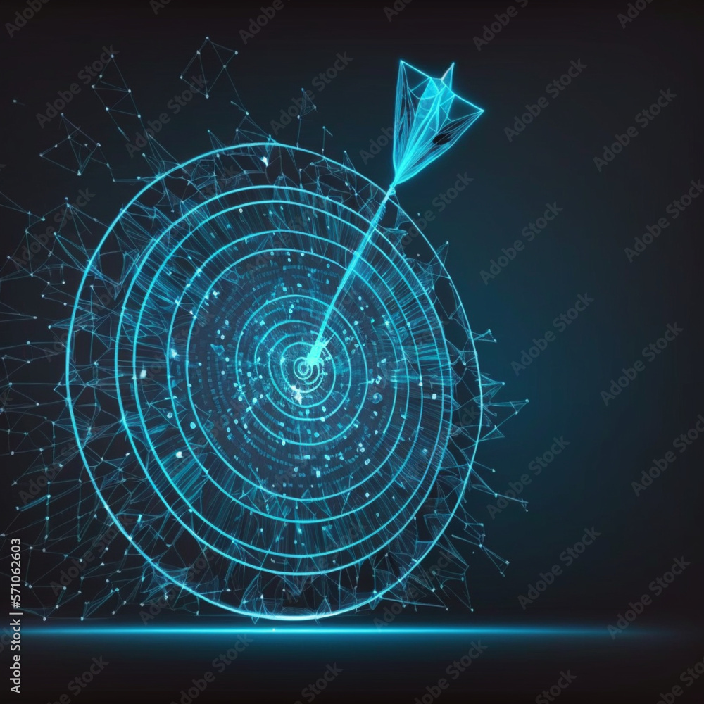 Smart goal setting, dart hit the center of dartboard glowing blue. Low ...
