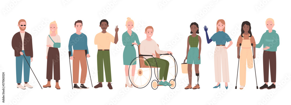 Diverse people with disability set vector illustration. Cartoon boy ...