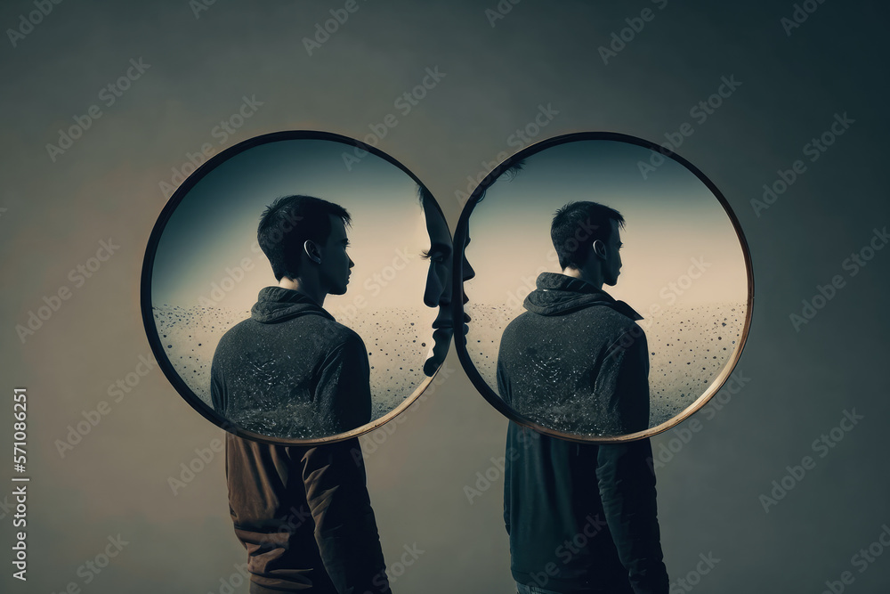 person looking at their reflection in a distorted mirror, symbolizing ...