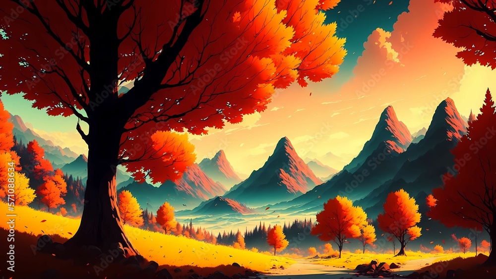 beautiful wallpaper of a sunset with beautiful trees in anime style ...