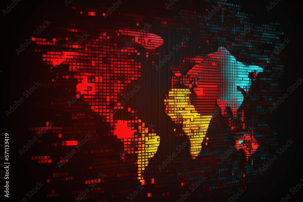 Abstract artificial intelligence world map with cyber security, viruses ...