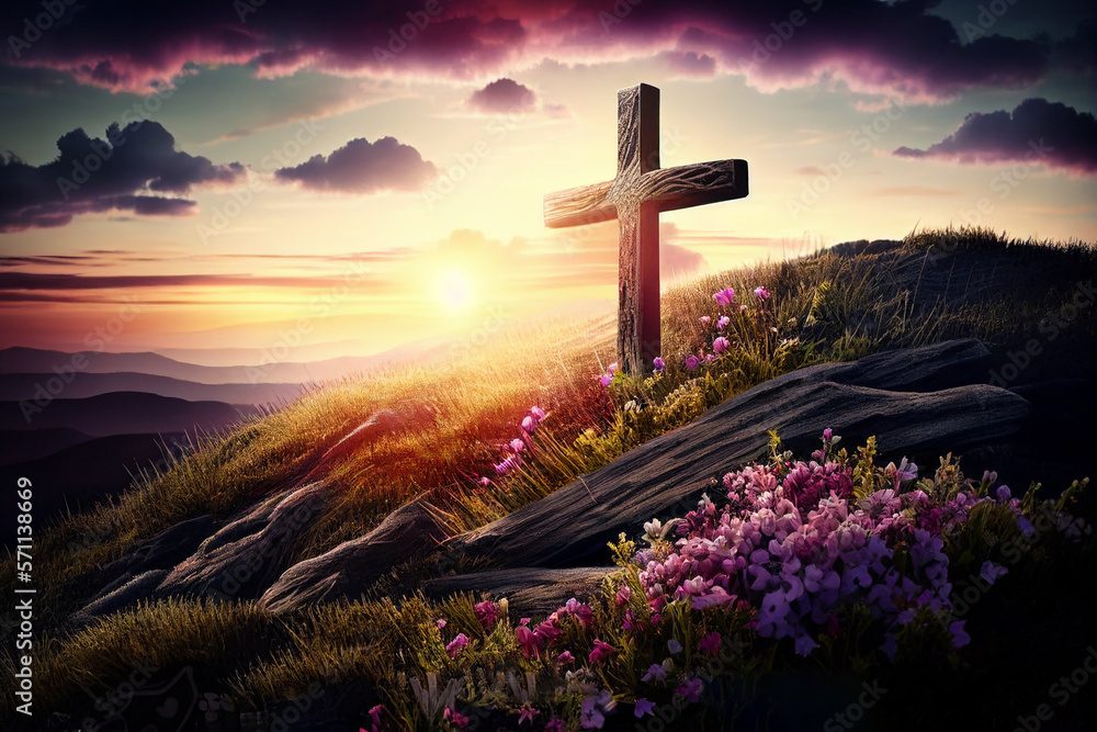 Ilustración de Stock Religious cross on hilltop with spring flowers and ...