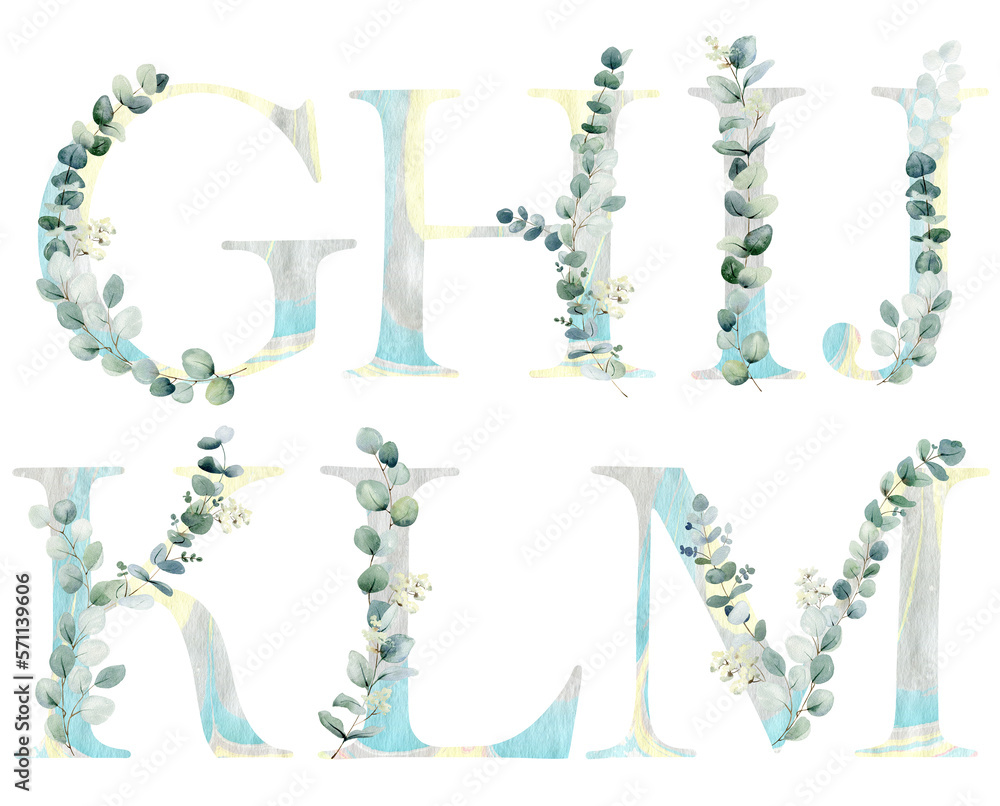 Watercolor alphabet with eucalyptus leaves for wedding invitations ...