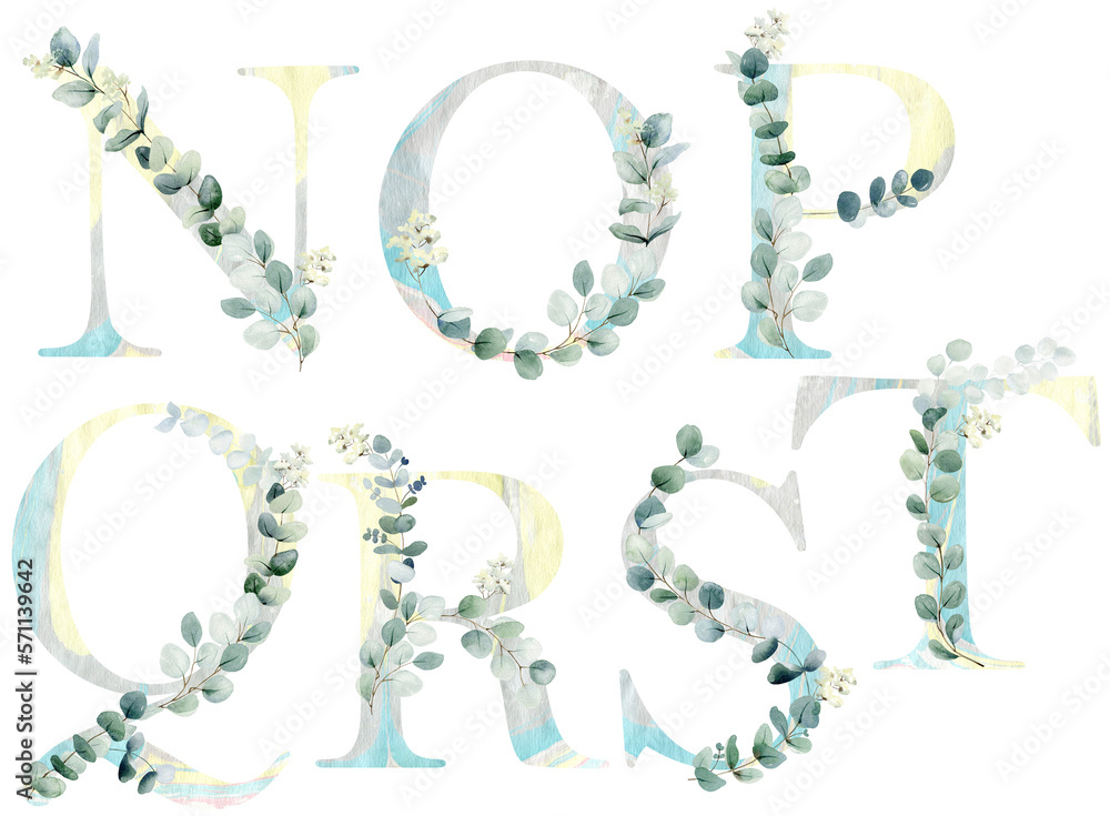 Watercolor botanical alphabet with eucalyptus leaves for wedding ...