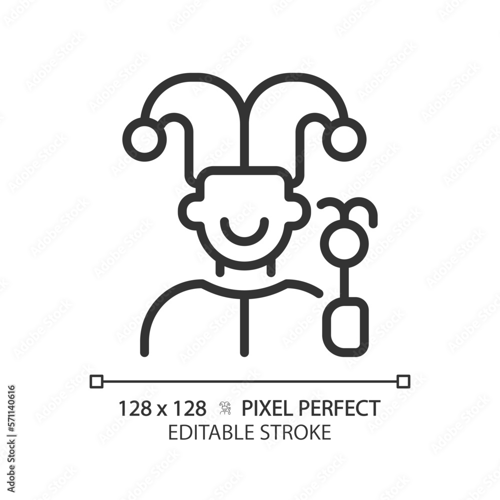Jester pixel perfect linear icon. Archetype. Personality trait. Funny ...