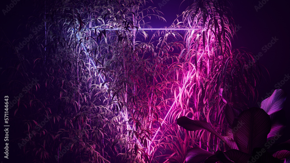 Cyberpunk Background Design. Tropical Plants with Blue and Pink ...