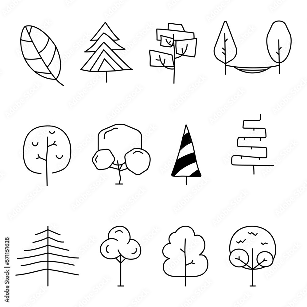 Simple and minimalist tree icons collection. Line art silhouette trees ...