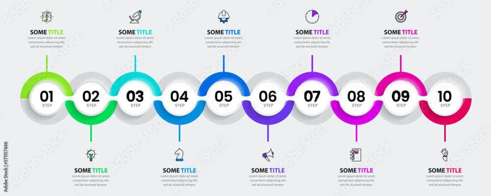 Infographic template. Horizontal timeline with 10 steps and numbers ...