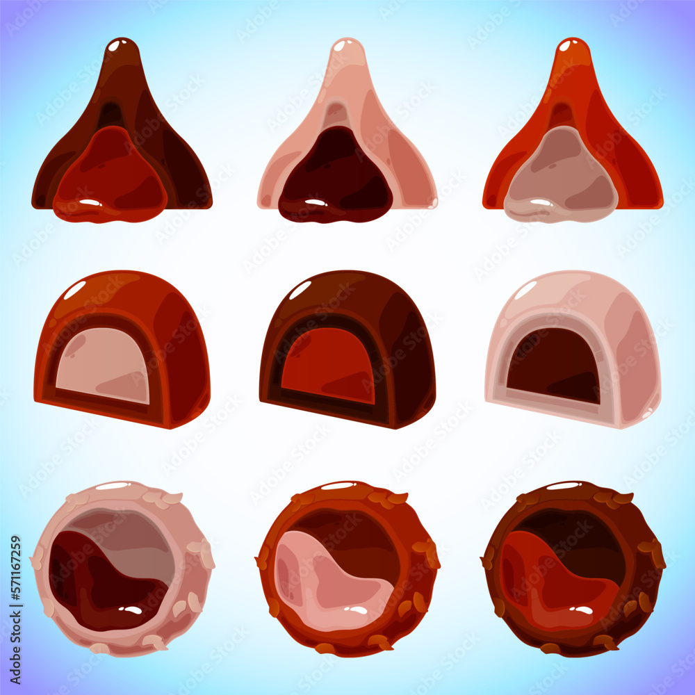 Set of nine objects for interface design. Bright sweets with filling ...