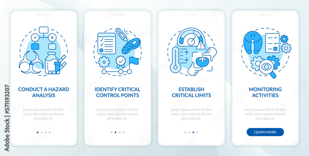 HACCP principles blue onboarding mobile app screen. Risks reducing ...