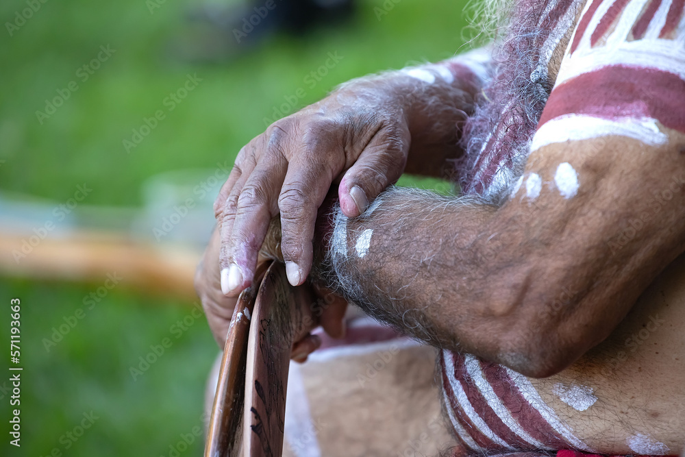 Australian Aboriginal culture, human hands are holding boomerangs, the ...