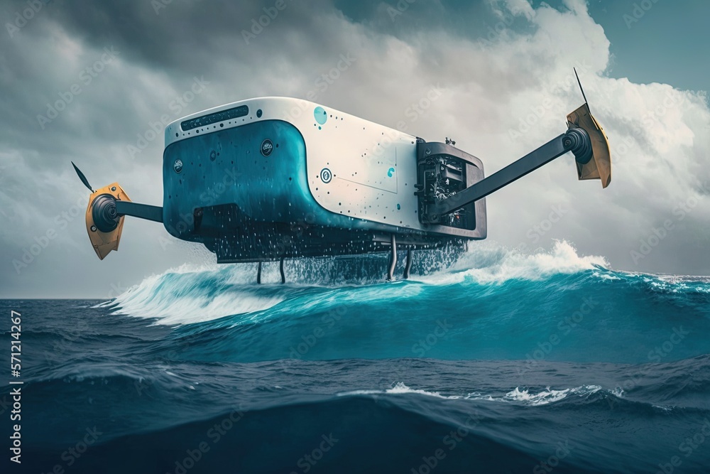 Ilustración de Stock Ocean Cleanup Droneof the future equipped with advanced sensors, debris ...
