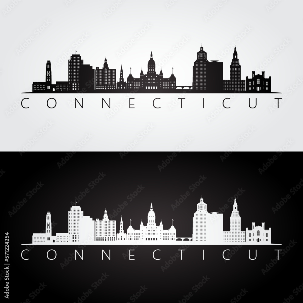 Connecticut state skyline and landmarks silhouette, black and white ...