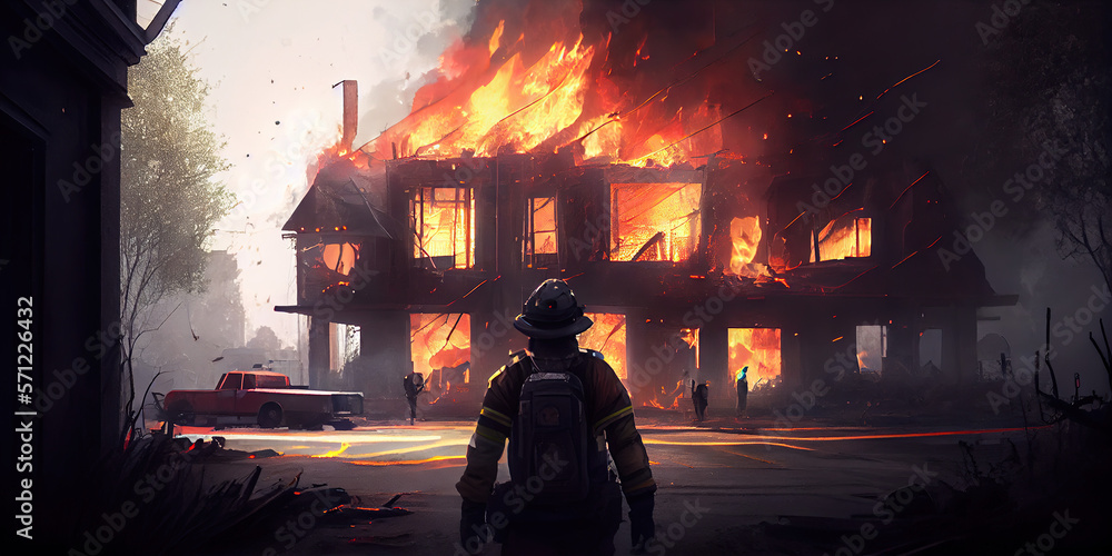 firefighter stands in front of a building on fire scenary, created with ...