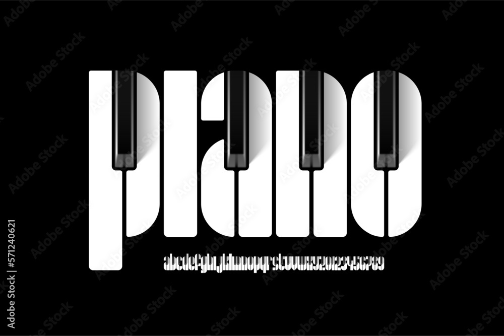 Piano style font design, music concert alphabet, letters and numbers ...