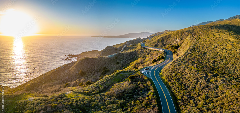 California Raodtrip. Highway 1 Aerial panorama at sunset. Muir Woods ...
