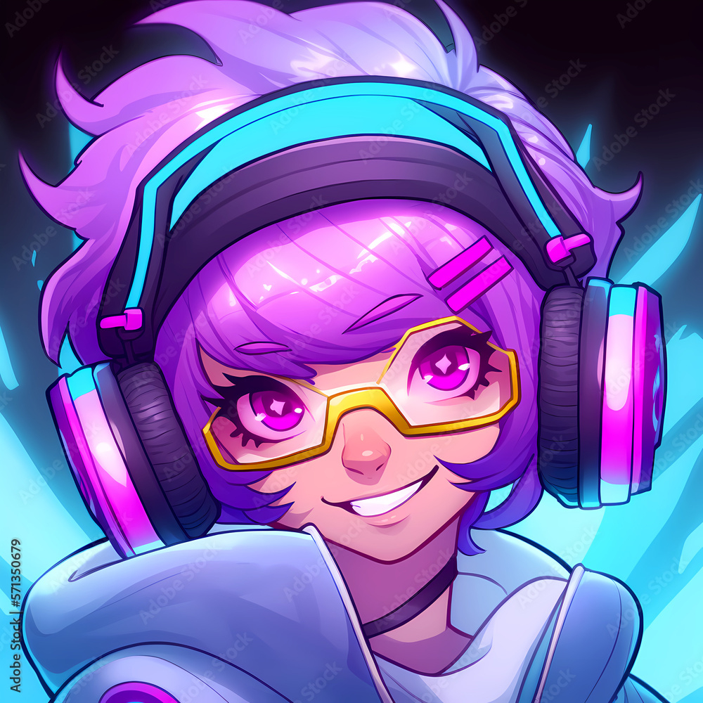 Avatar anime illustration of a young female gamer, surrounded by a ...