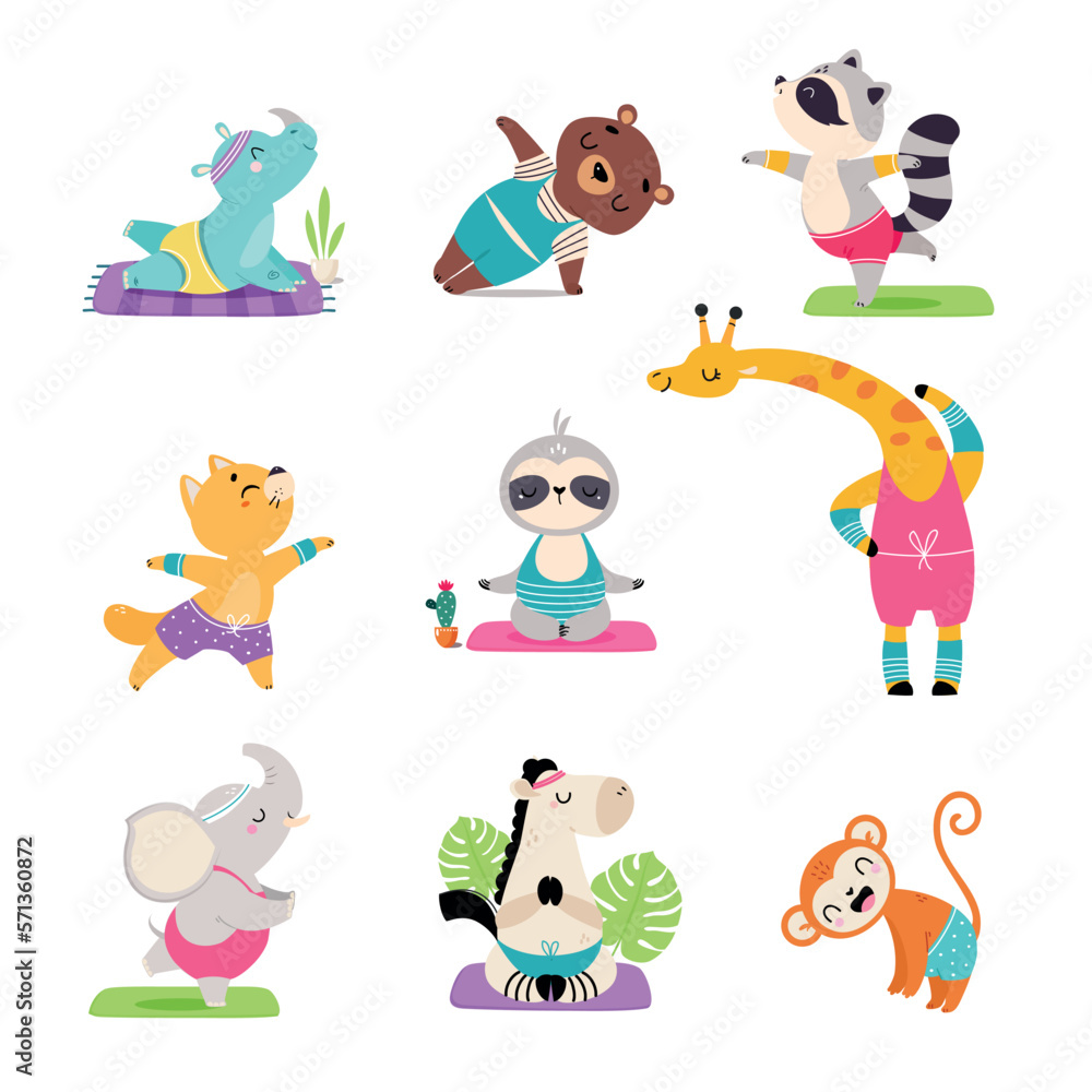 Cute animals doing yoga set. Adorable monkey, giraffe, cat ...