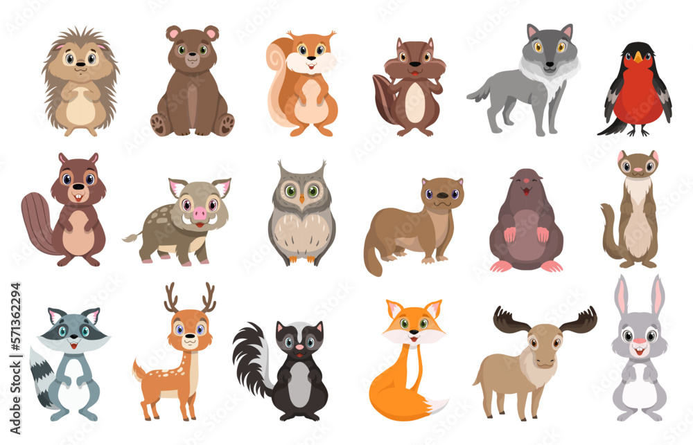 Set of wild forest animals. Cute baby hedgehog, bear, squirrel, wolf ...