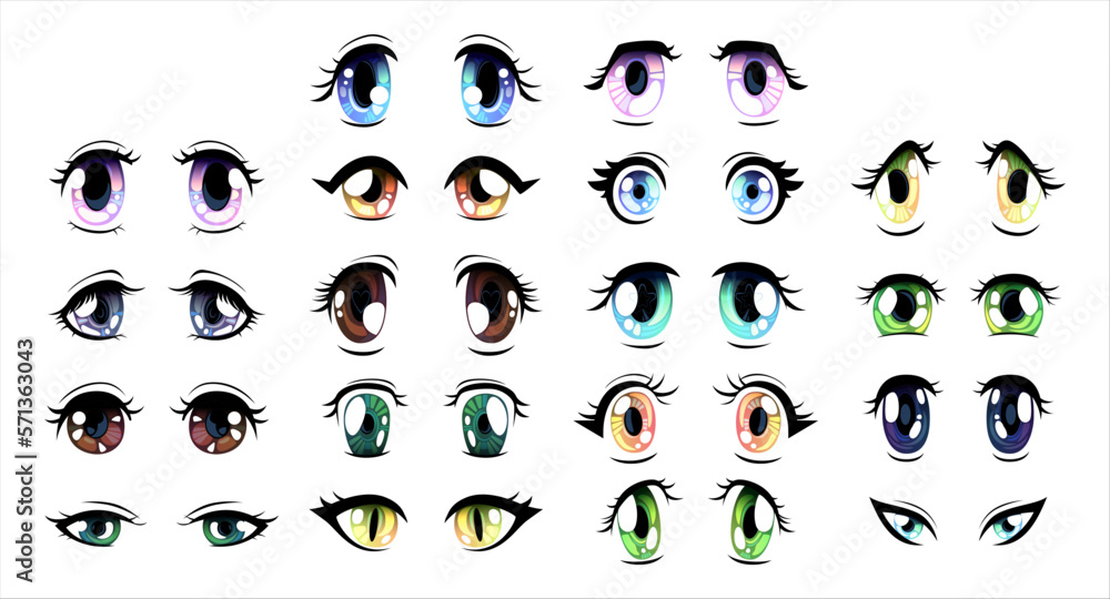 Cute bright eyes of different colors set. Beautiful manga eyes with ...