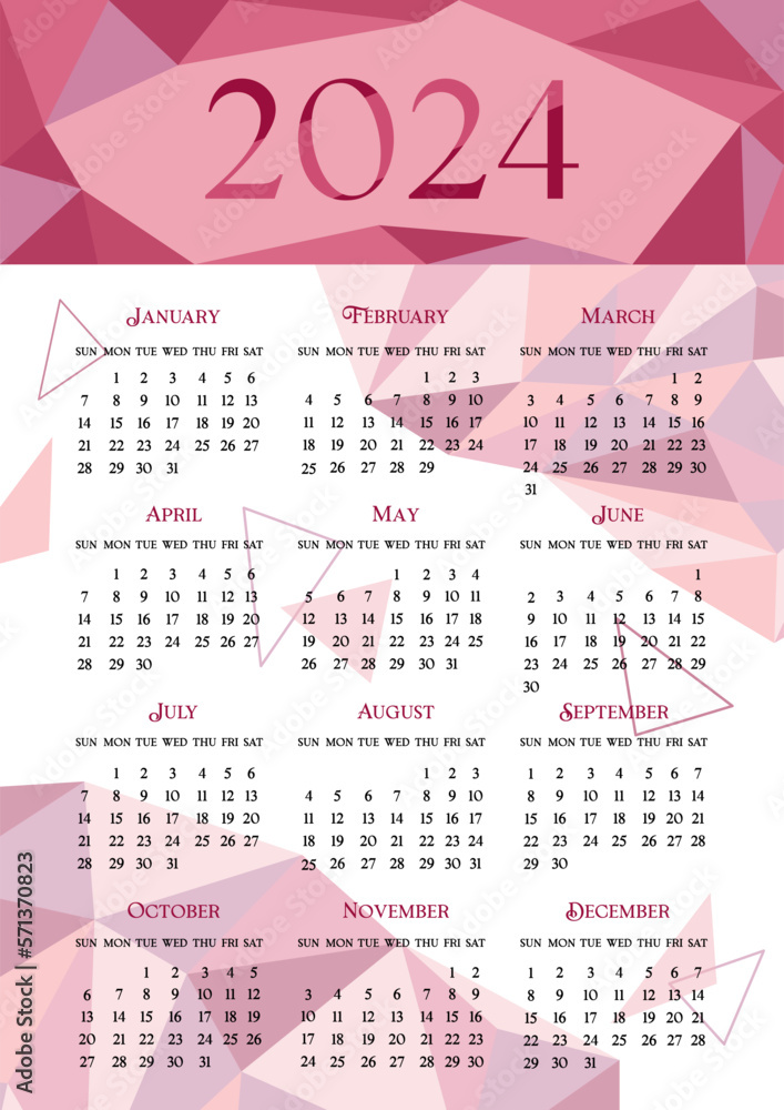 Vetor 2024 calendar. Week starts on Sunday. Geometric low poly design ...
