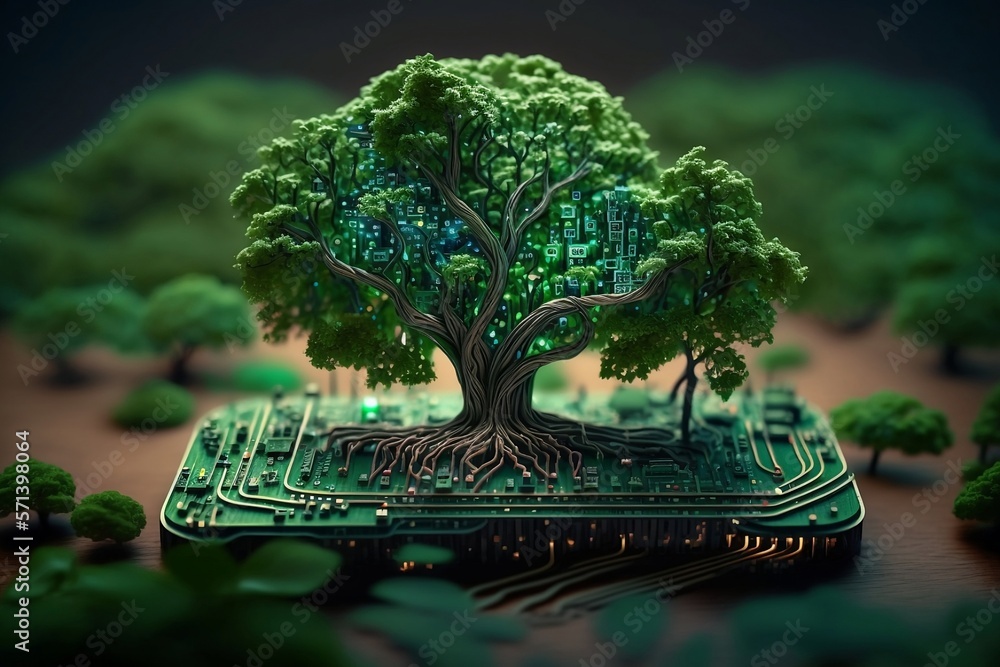 trees are growing in from circuit boards, Generative AI, clean energy ...