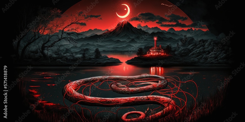 Illustration Stock Red neon light and a mystical snake. Fantastically ...