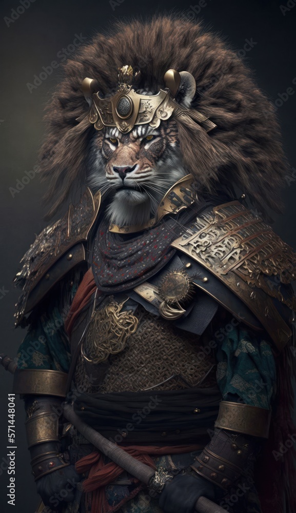Majestic Animal Lion Shogun in Samurai Armor: A Depiction of Japanese ...