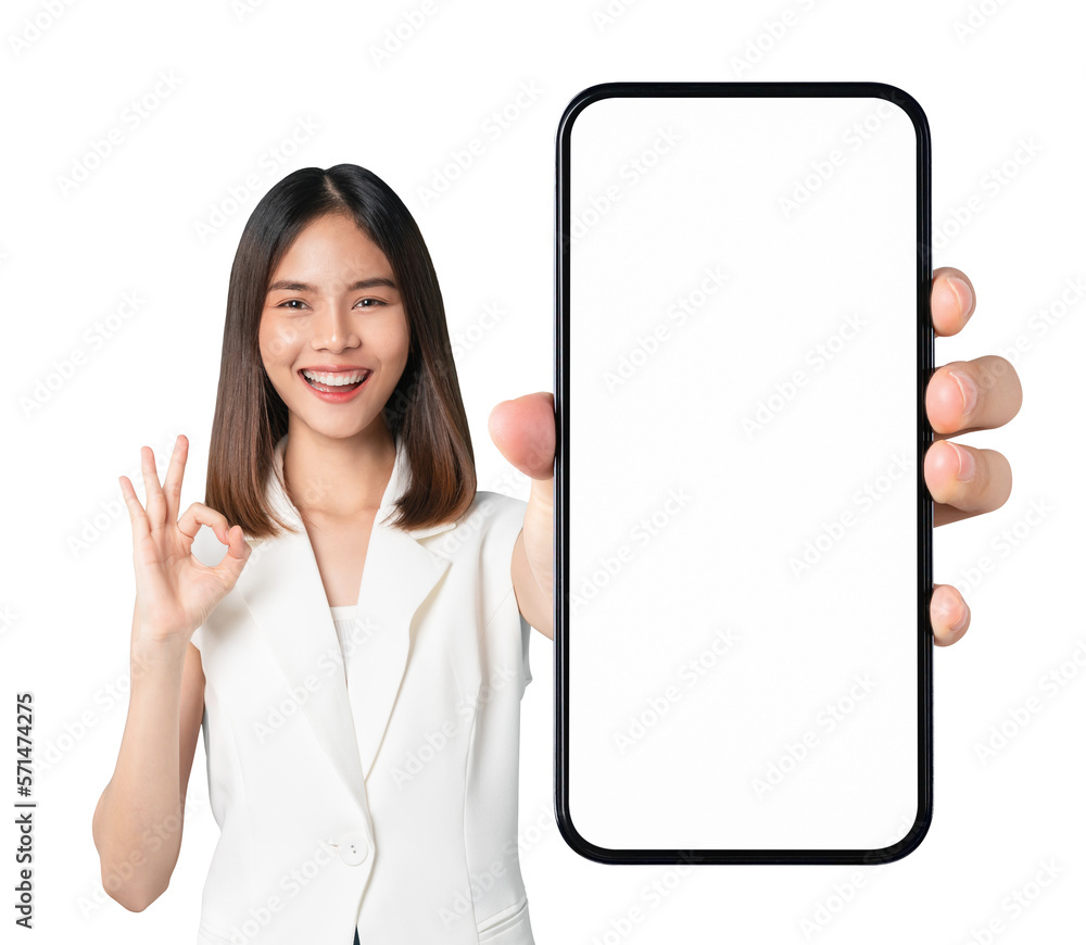 Beautiful Asian woman holding smartphone mockup of blank screen and ...
